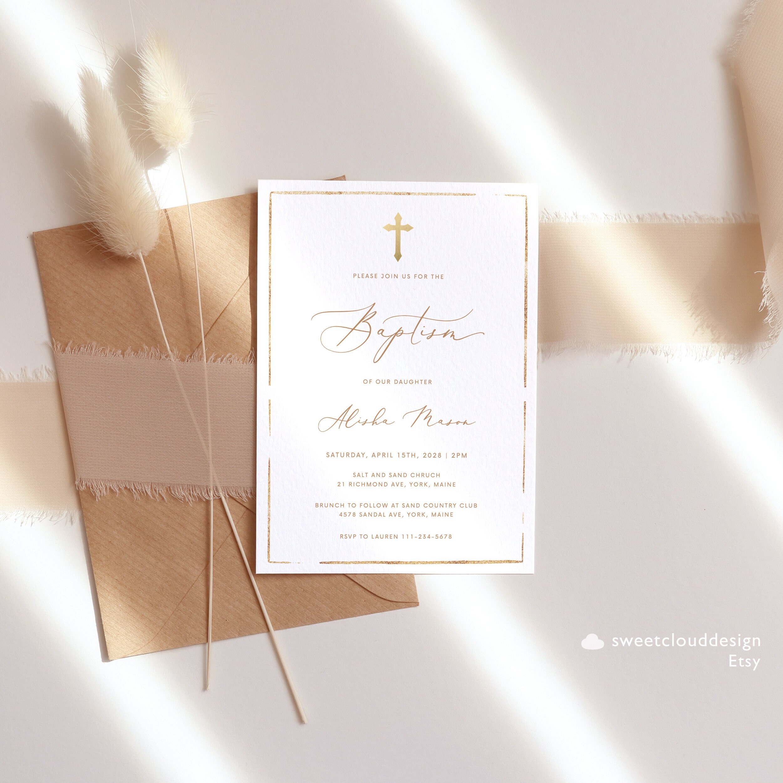 Gold Cross Baptism Invitation Gold Frame Baptism Invite - Etsy