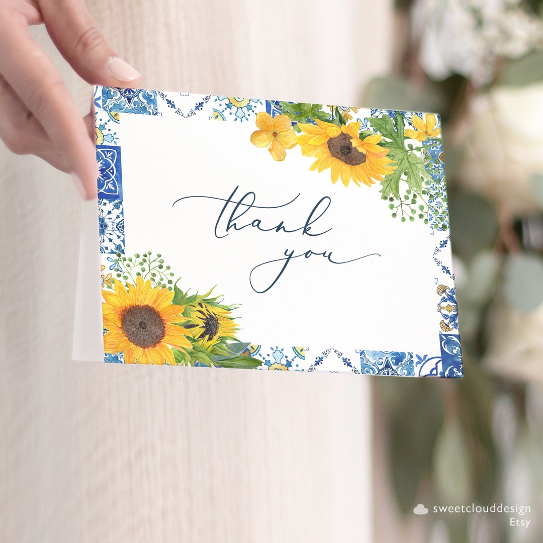 Blue Tile Sunflower Thank You Tented Card Template Editable Sunflower ...
