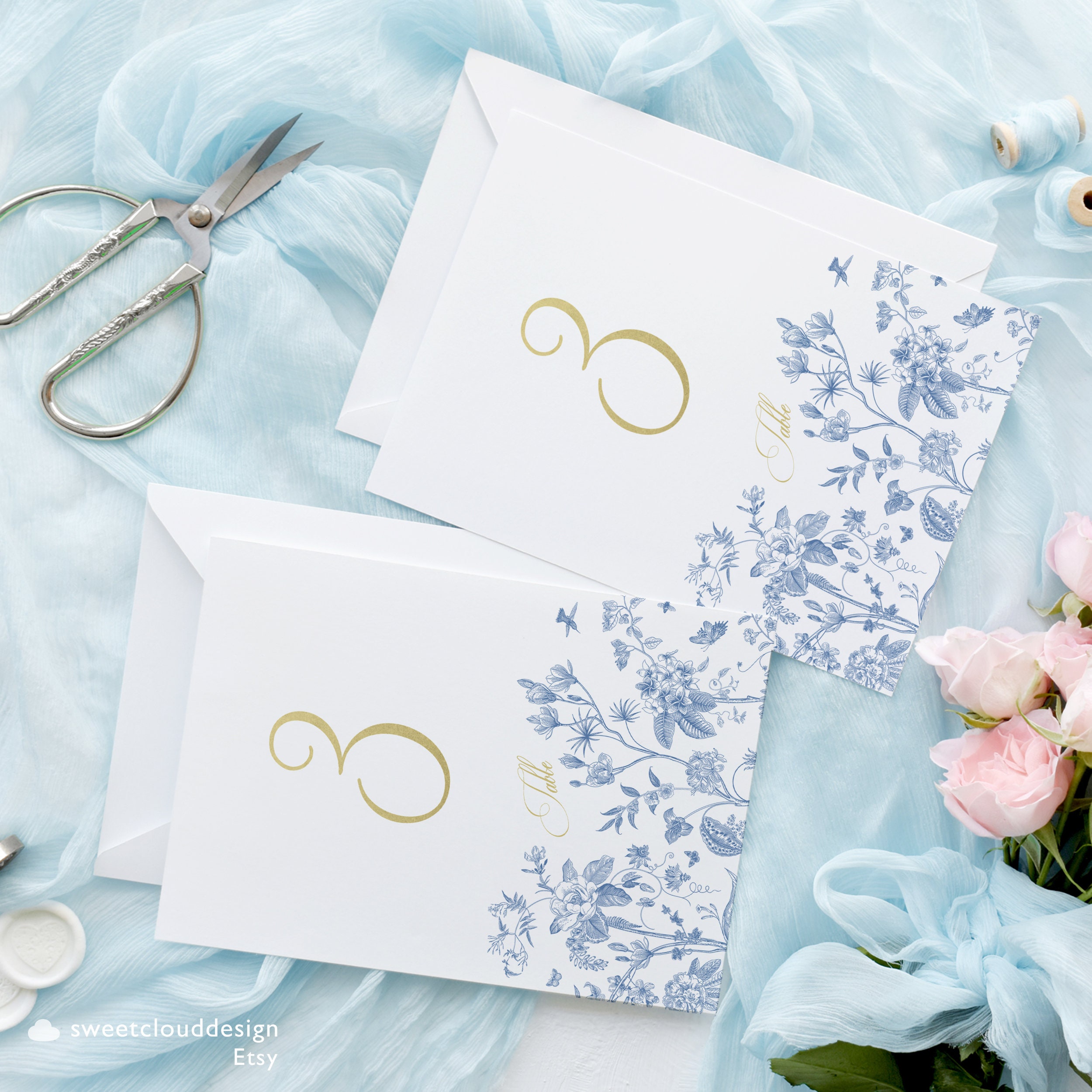 Dusty Blue Flower Gold Table Number Template Steel Blue Floral Gold ...