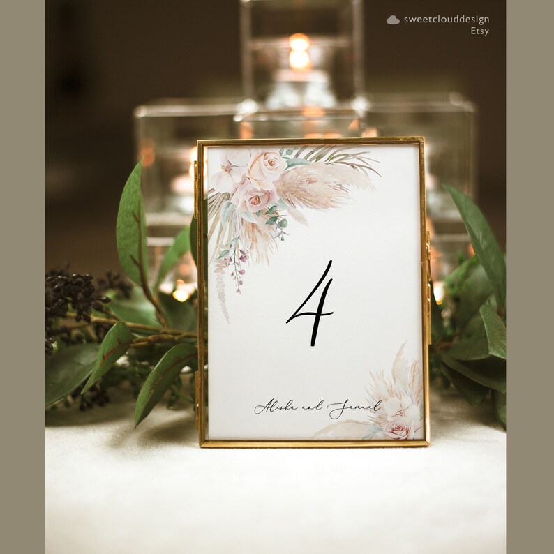 Boho Table Number Boho Rose Wedding Table Number Pampas Grass - Etsy