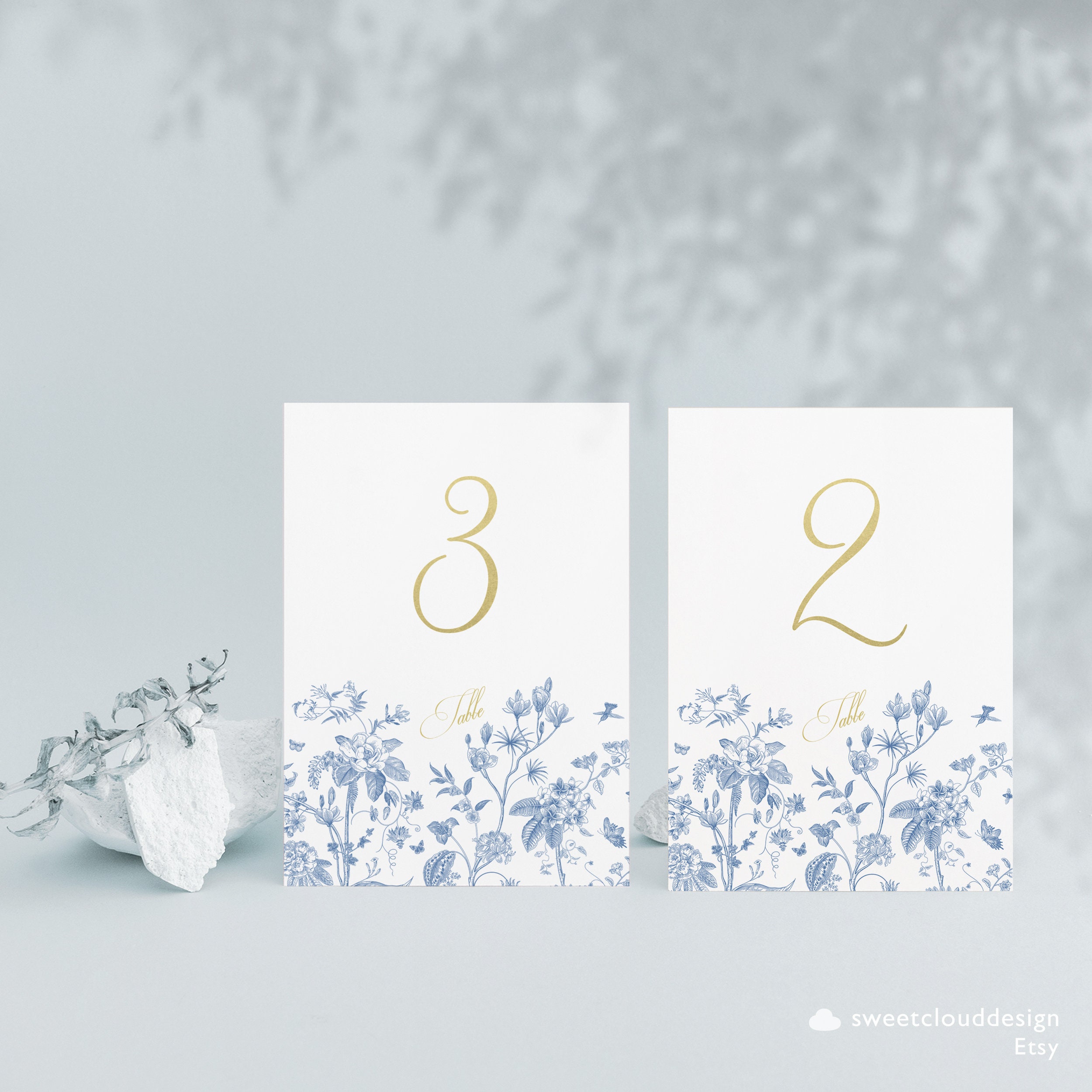 Dusty Blue Flower Gold Table Number Template Steel Blue Floral Gold ...