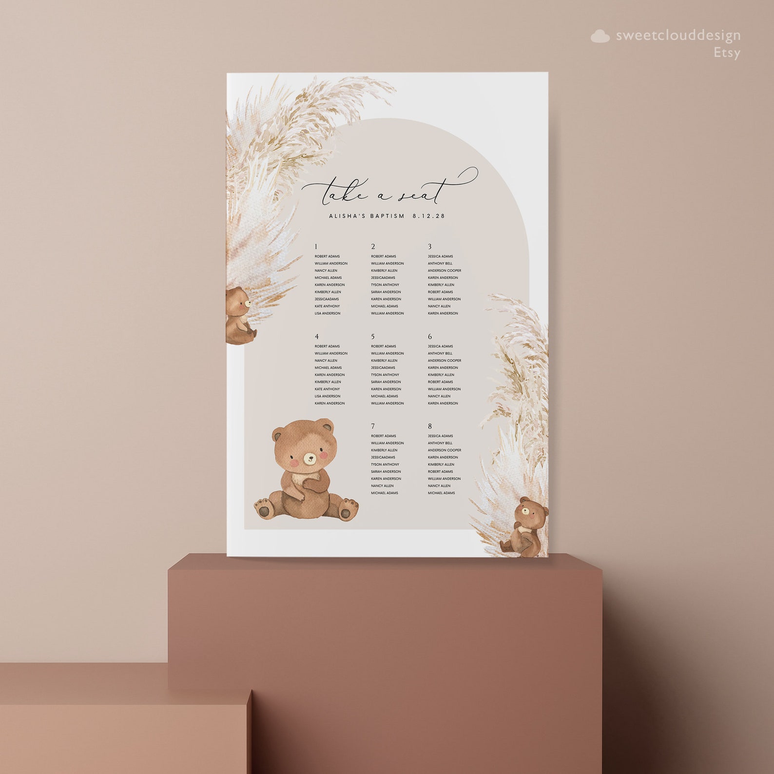 Teddy Bear Seating Chart Pampas Grass Seating Chart Boho Teddy Bear ...