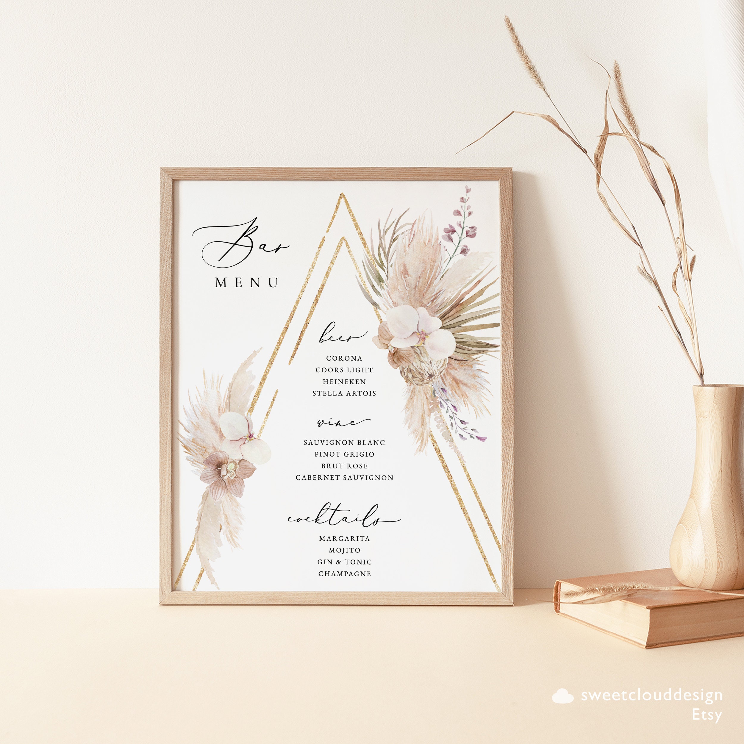 BOHO Bar Menu Template Orchid Gold Arch Bar Sign Pampas Grass - Etsy