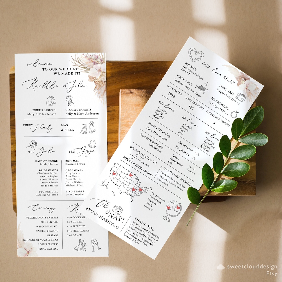 Boho Infographic Wedding Program Fun Facts Pampas Grass Icon Wedding ...