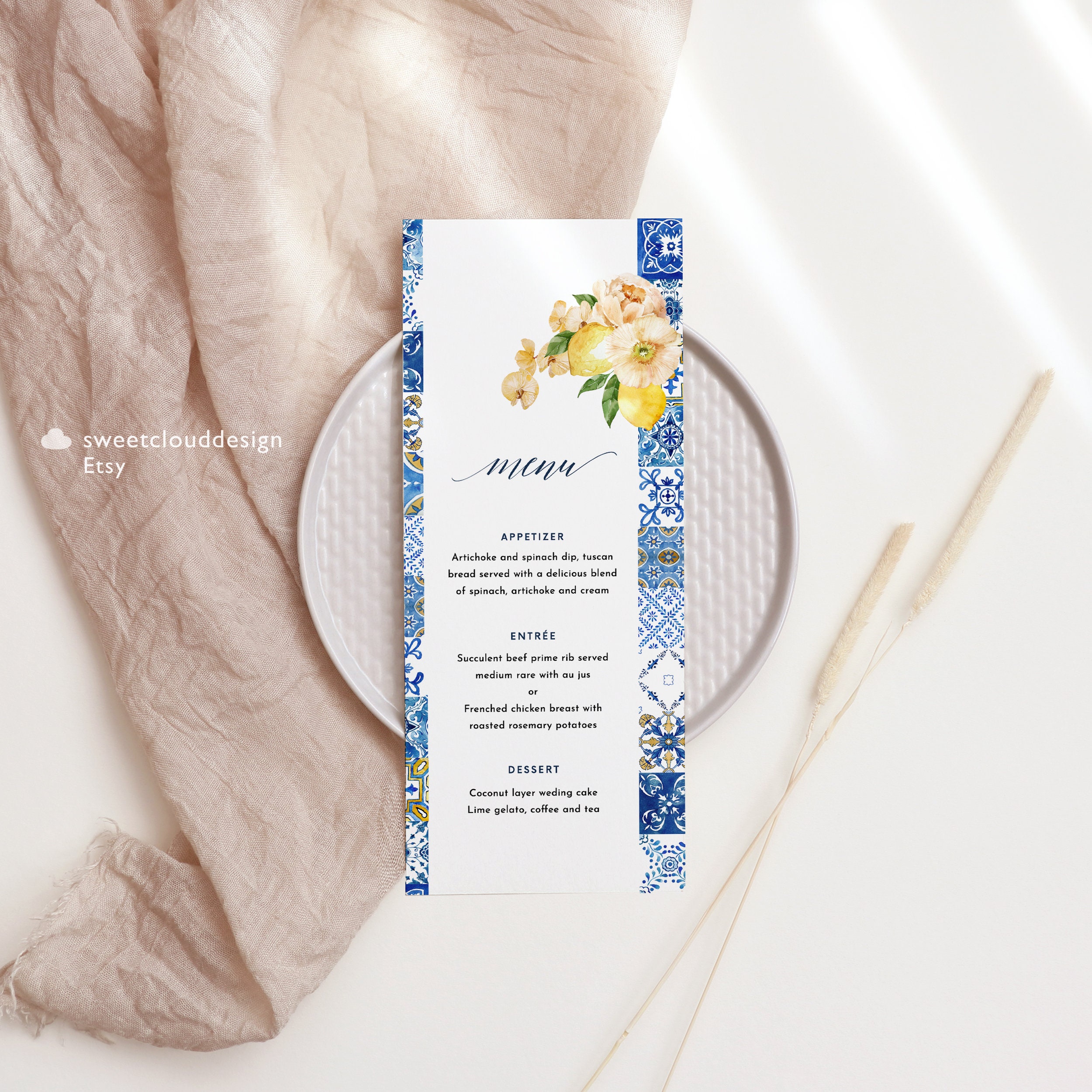 Lemon Wedding Menu Template Italy Blue Tile Menu Printable | Etsy