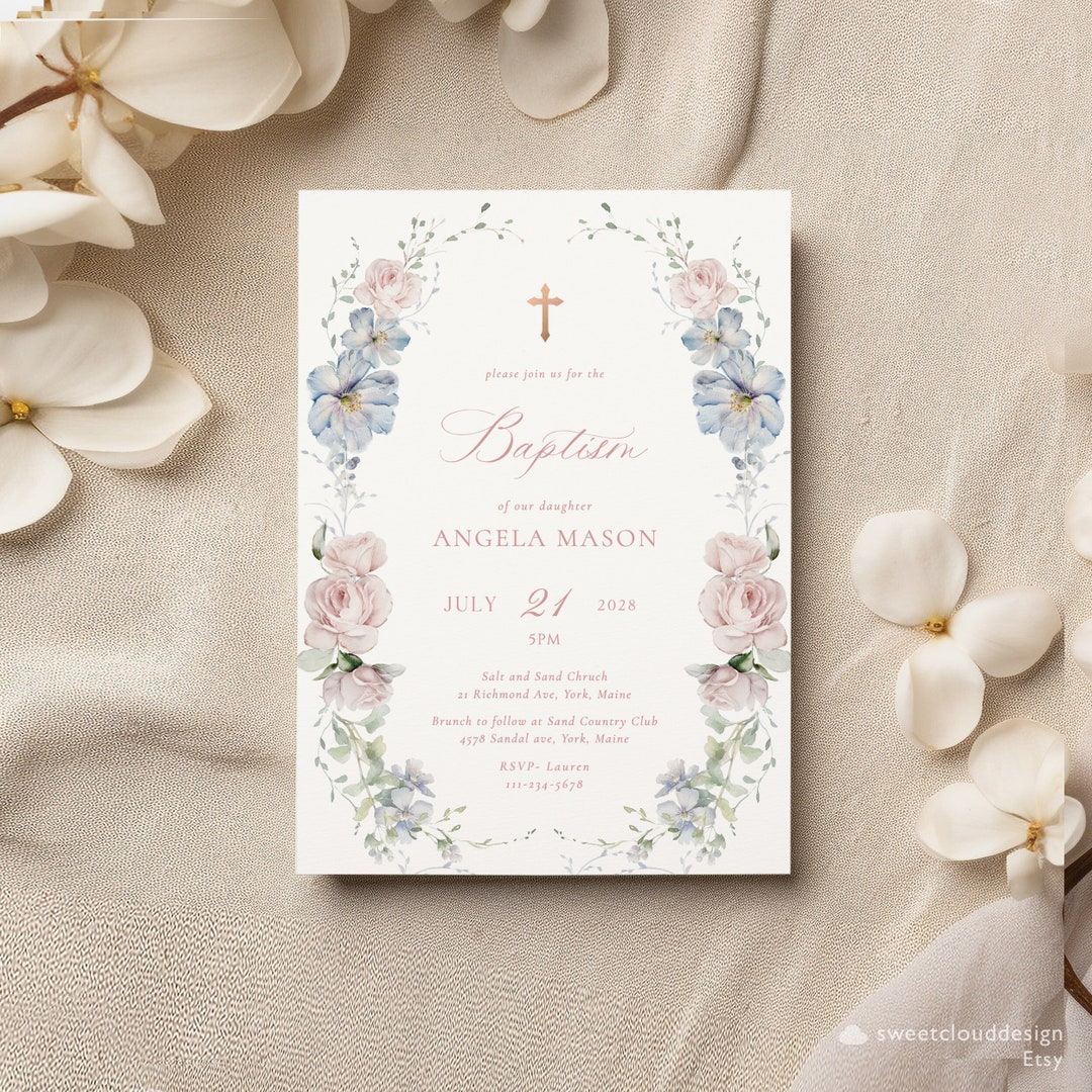 Blue Blush Flower Baptism Invitation Template Gold Cross and Blue Pink ...
