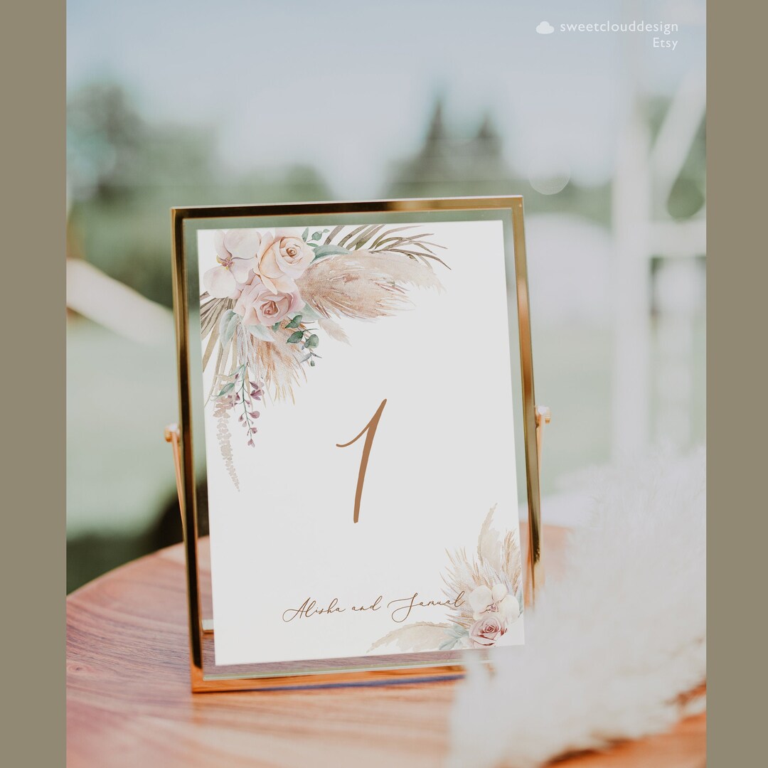Boho Table Number Boho Rose Wedding Table Number Pampas Grass Printable ...