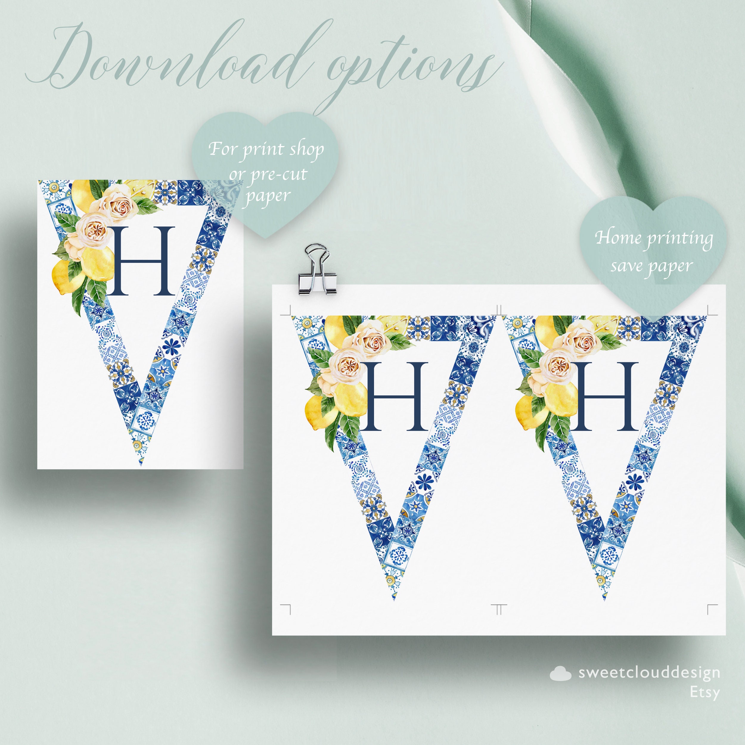 Blue Tile Lemon Birthday Banner Template Mediterranean Lemon - Etsy