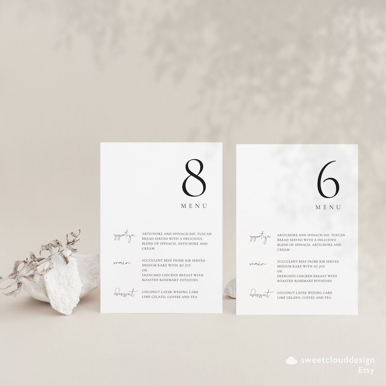 Minimal Table Numbers With Menu Template Simple Printable | Etsy