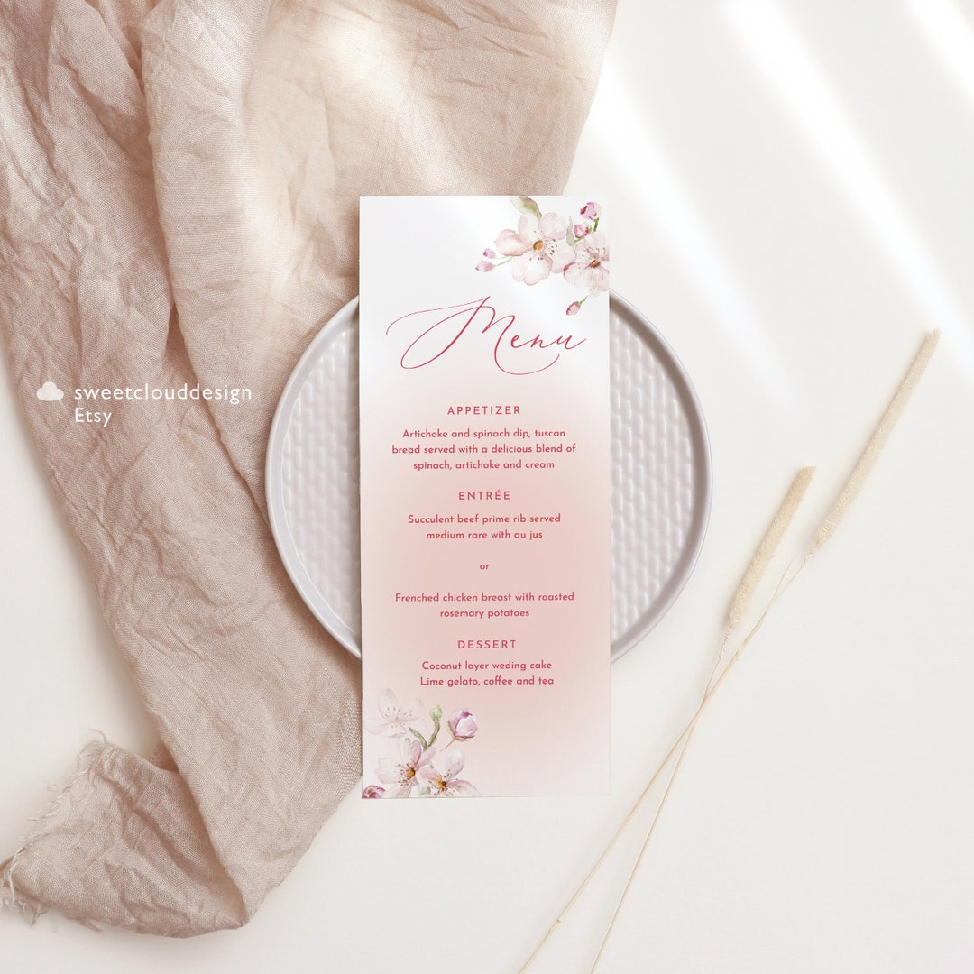 Cherry Blossom Menu Dusty Pink Floral Wedding Menu Template Blush ...
