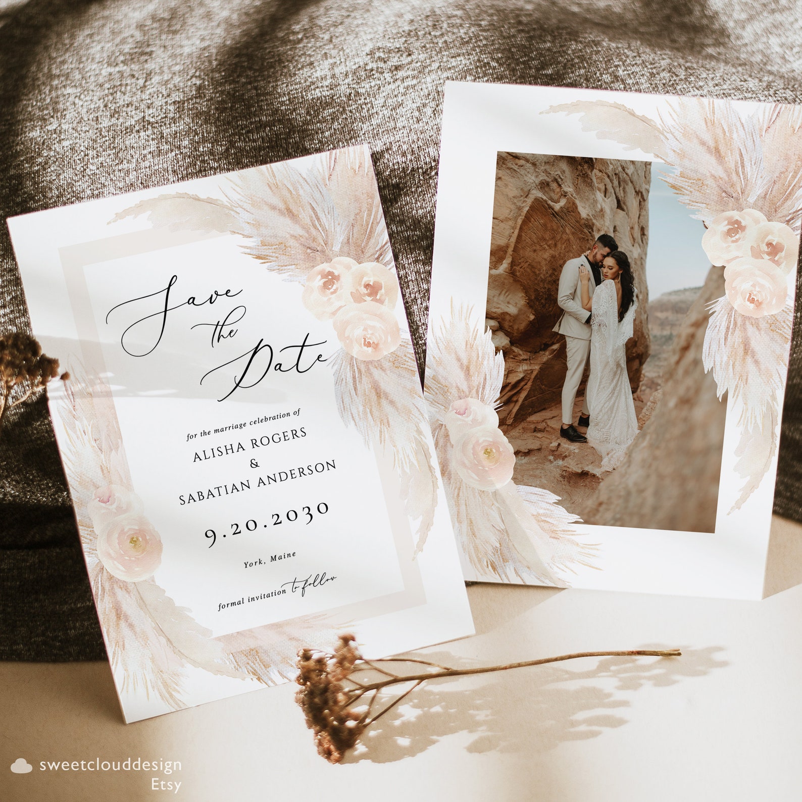 Peach Boho Save the Date Blush Boho Save Wedding Date Card Editable ...