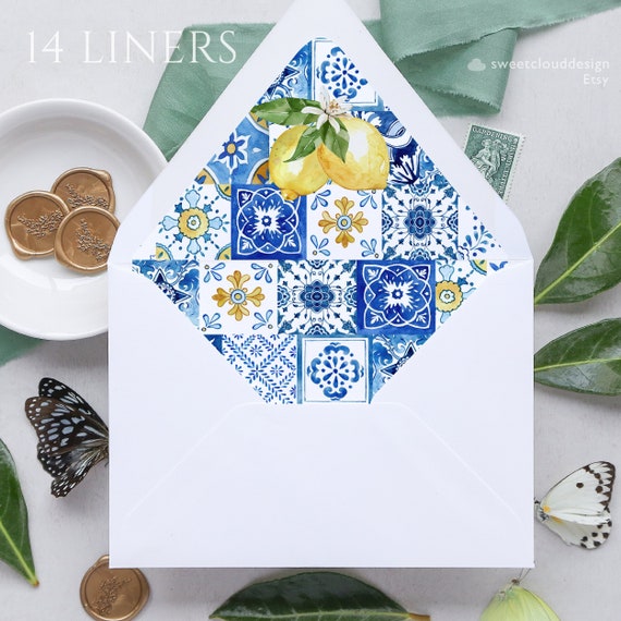 Lemon and Blue Tile Envelope Liner Template Mediterranean - Etsy