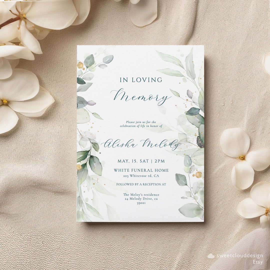 Greenery Flower Funeral Invitation Green Leaves Funeral Celebration of ...