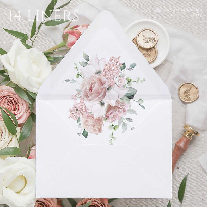 Pink Floral Envelope Liner Template Blush Pink Flower Envelope Liner ...