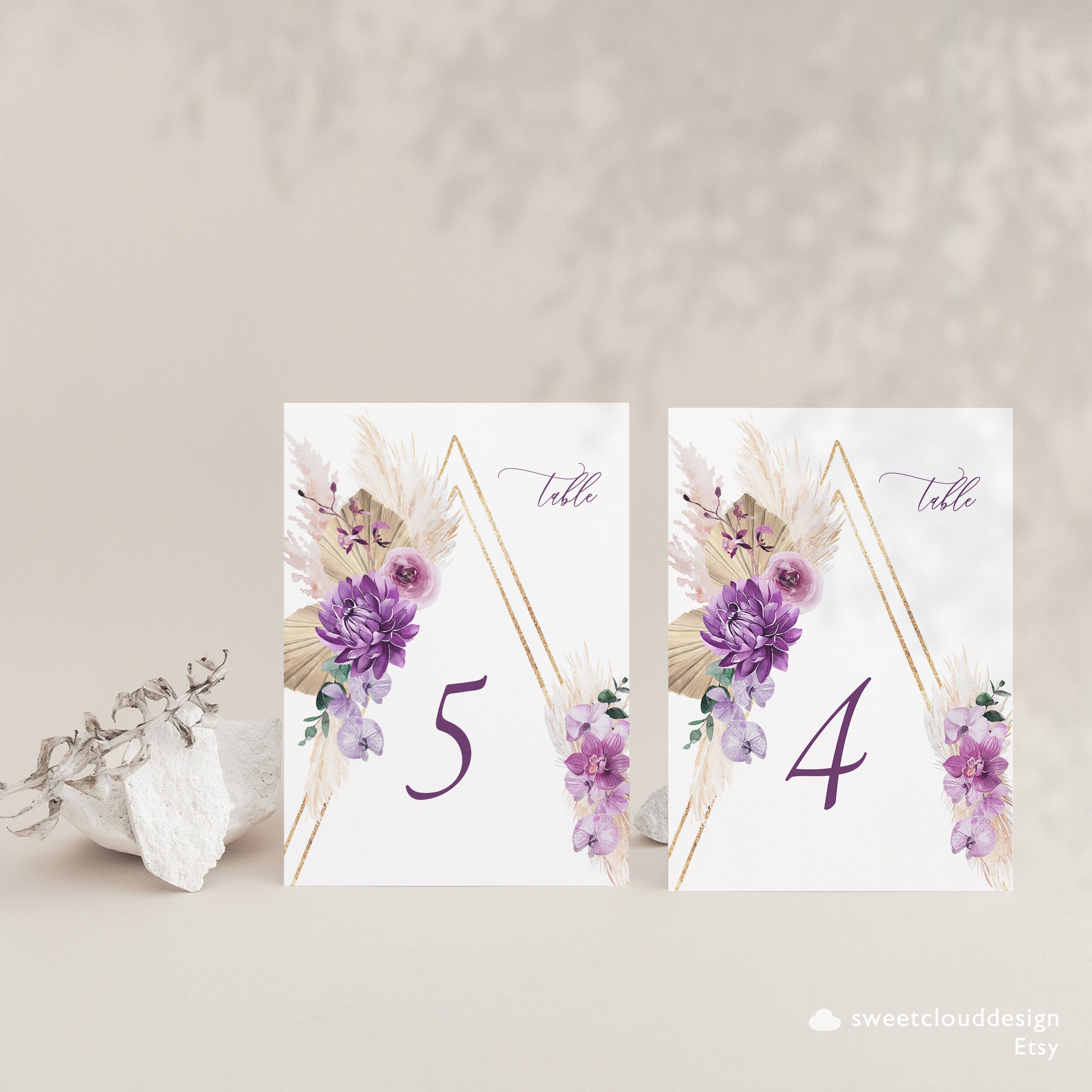 Purple Boho Table Number Violet and Gold Wedding Table Number Purple ...