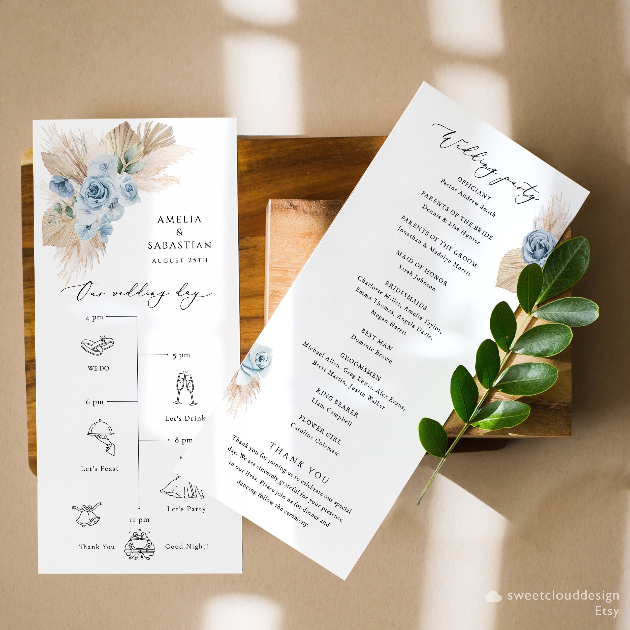 Timeline Dusty Blue Floral Wedding Program Template Printable Boho Blue ...