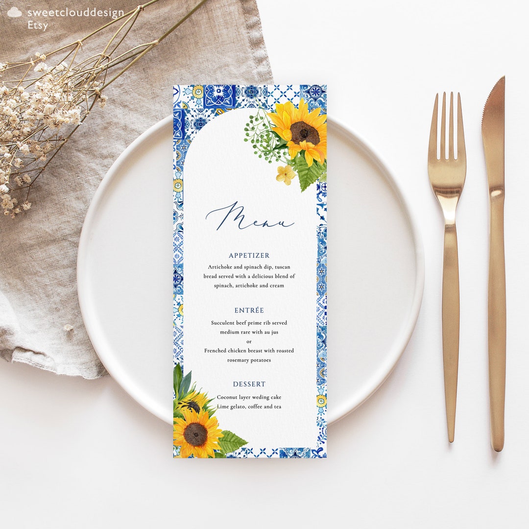 Sunflower and Blue Tile Menu Template Italy Blue Tile Frame Table Menu ...