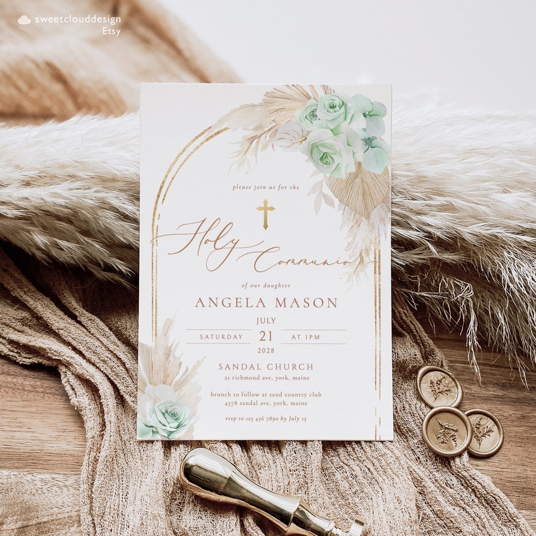 Boho Green Holy Communion Invitation Gold Cross Green Rose Holy ...