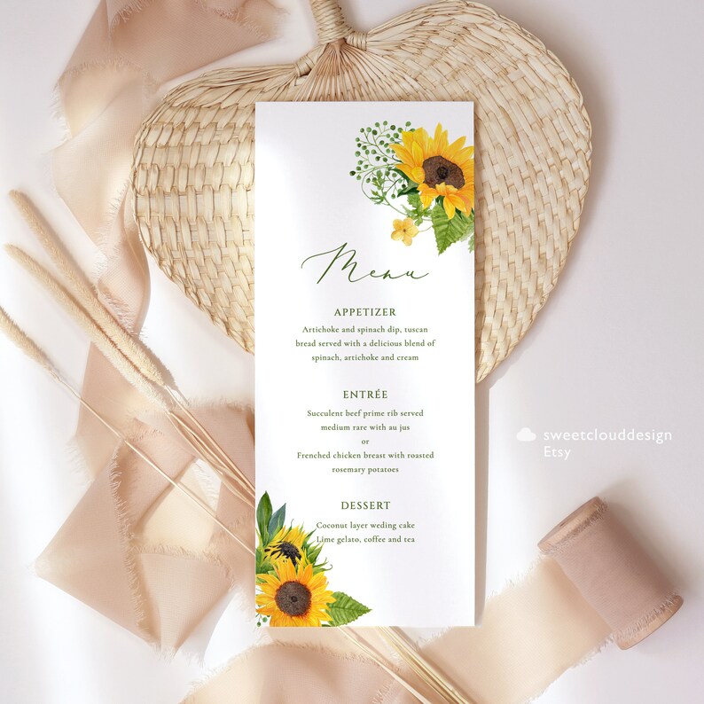 Sunflower Wedding Menu Template Sunflower Table Menu Cards Printable ...