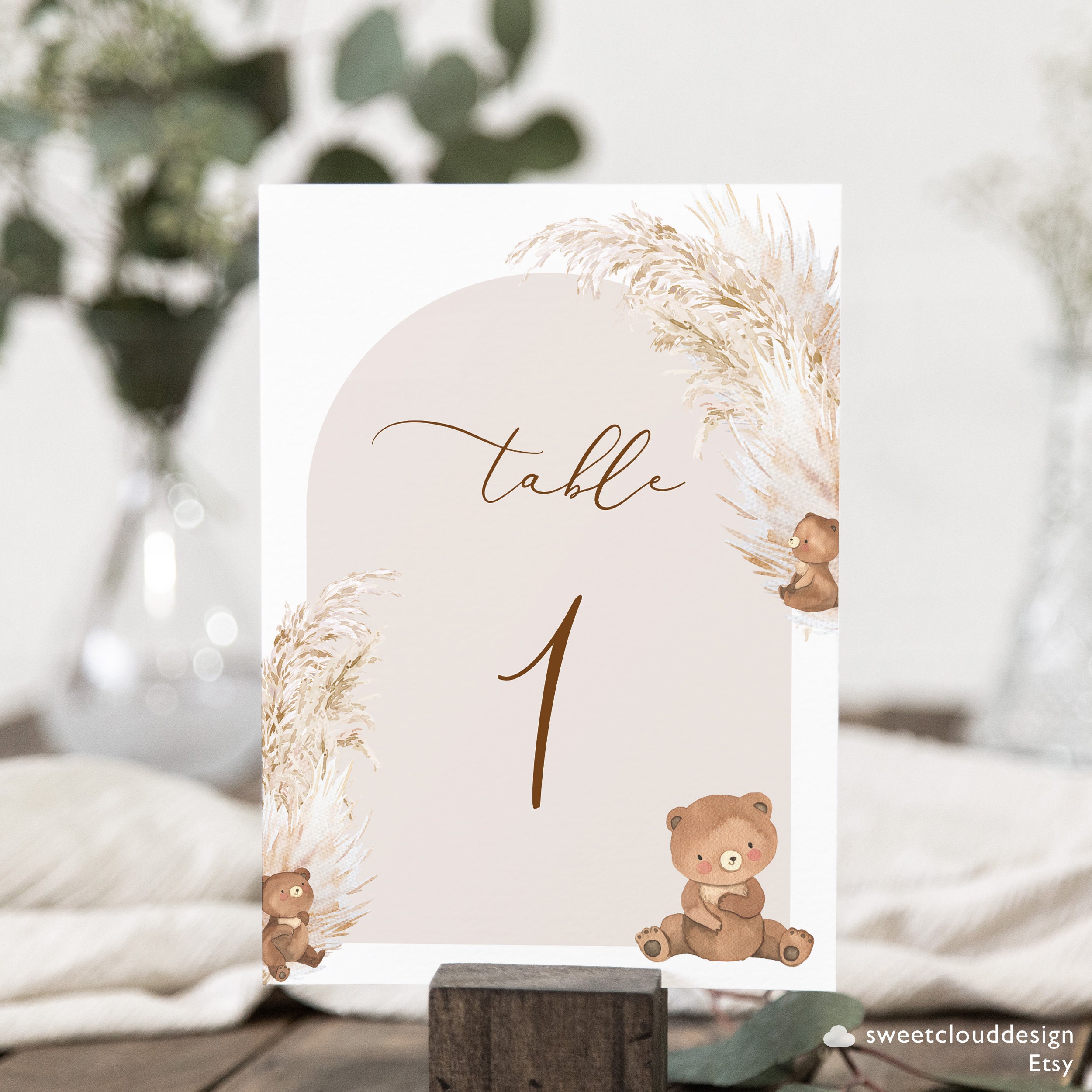 Teddy Bear Table Number Pampas Grass Teddy Bear Table Number Card Boho ...