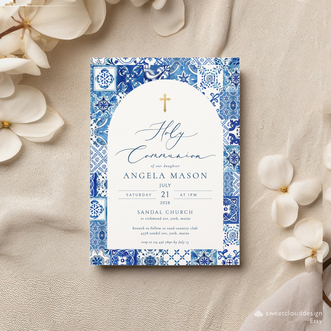 Blue Tile Holy Communion Invitation Template Mediterranean Tile First ...
