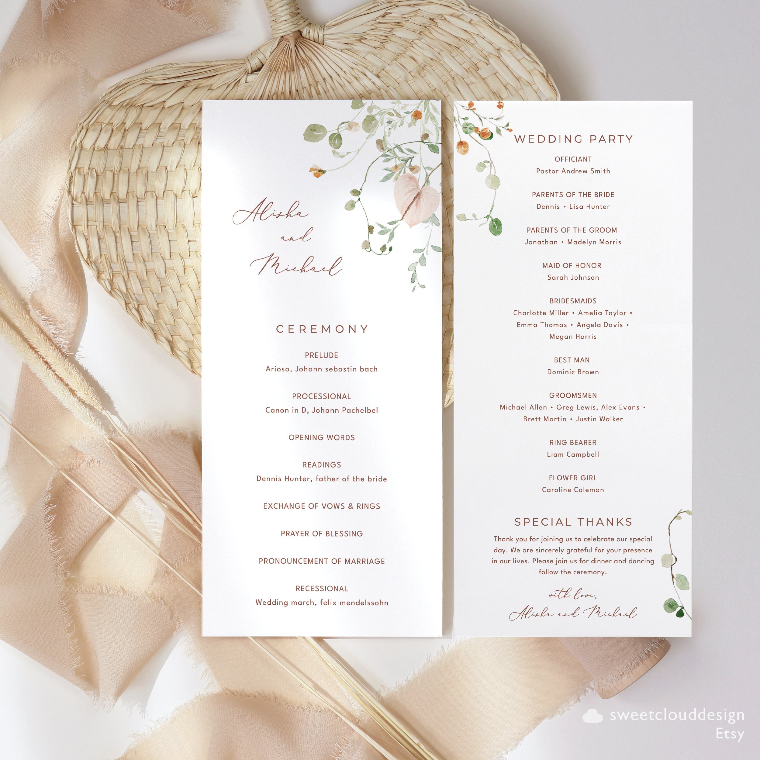 Soft Greenery Wedding Program Template Printable Pink Floral | Etsy