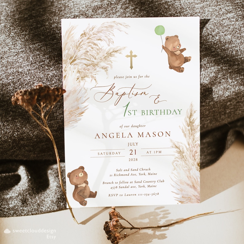 Teddy Bear Baptism 1st Birthday Invitation Template Pampas - Etsy