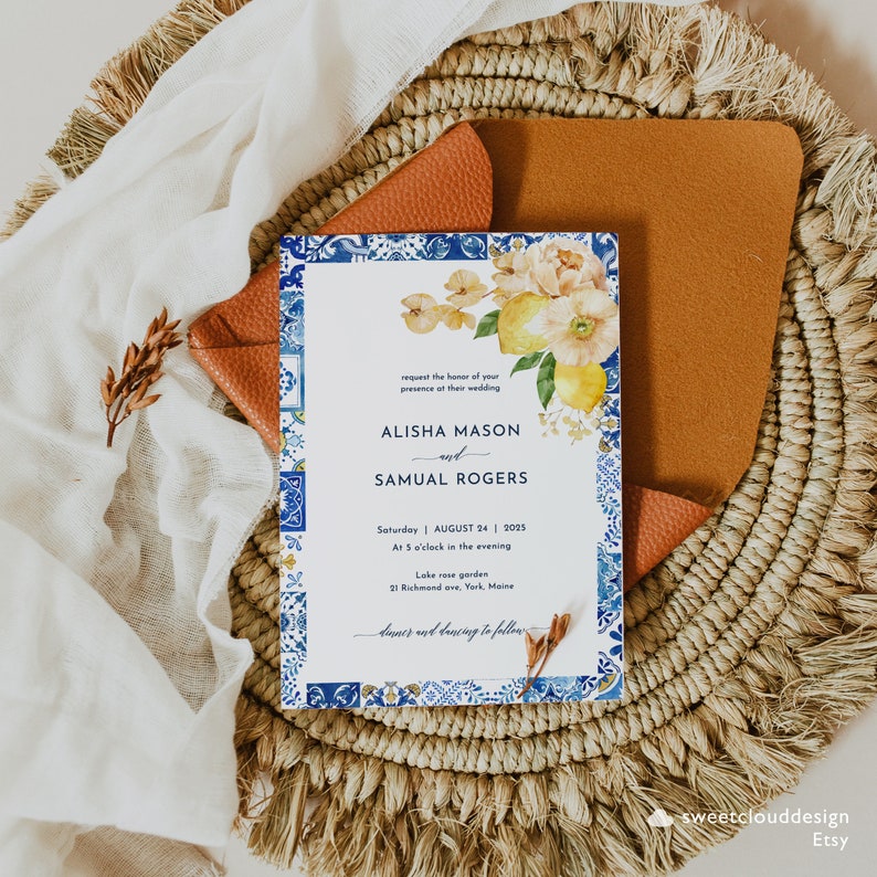 Positano Blue Tile Invitation Set Peach Floral Wedding - Etsy