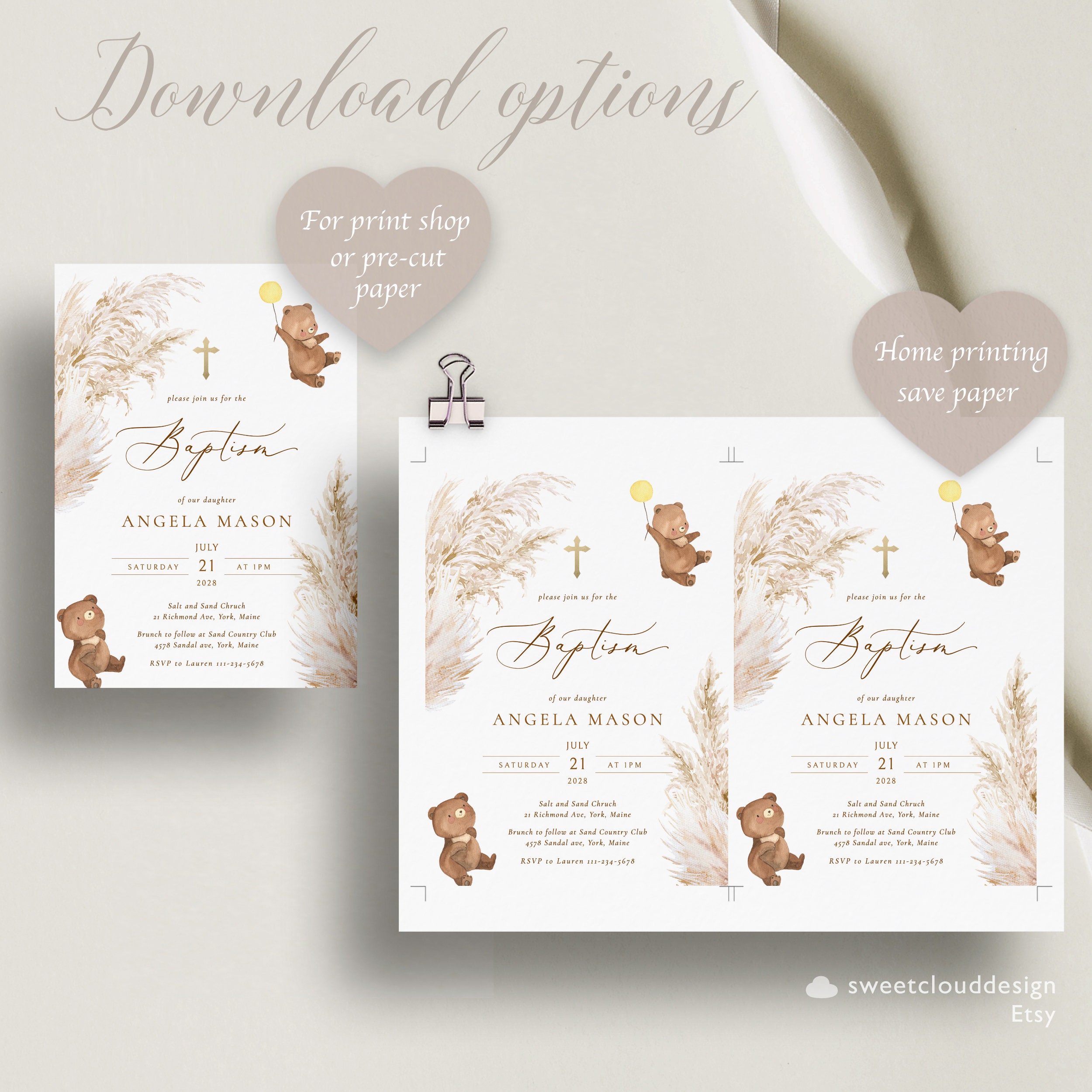 Teddy Bear Baptism Invitation Template Pampas Grass Baptism - Etsy