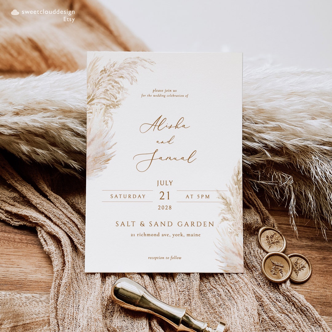Pampas Grass Wedding Invitation Template Boho Grass Wedding Invitation ...