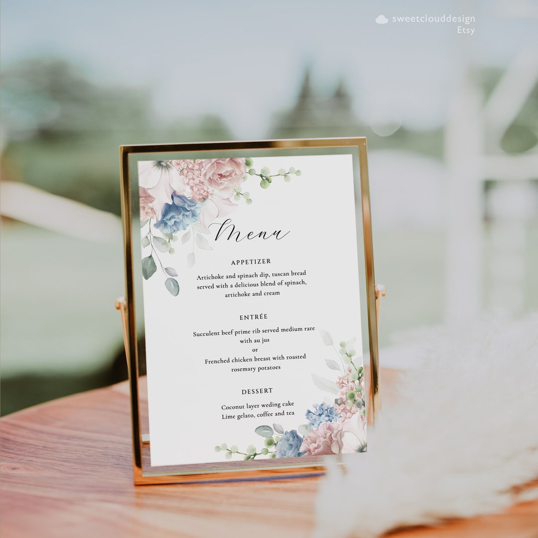 Dusty Pink Dusty Blue Floral Wedding Menu Template Pink Blue Flower ...