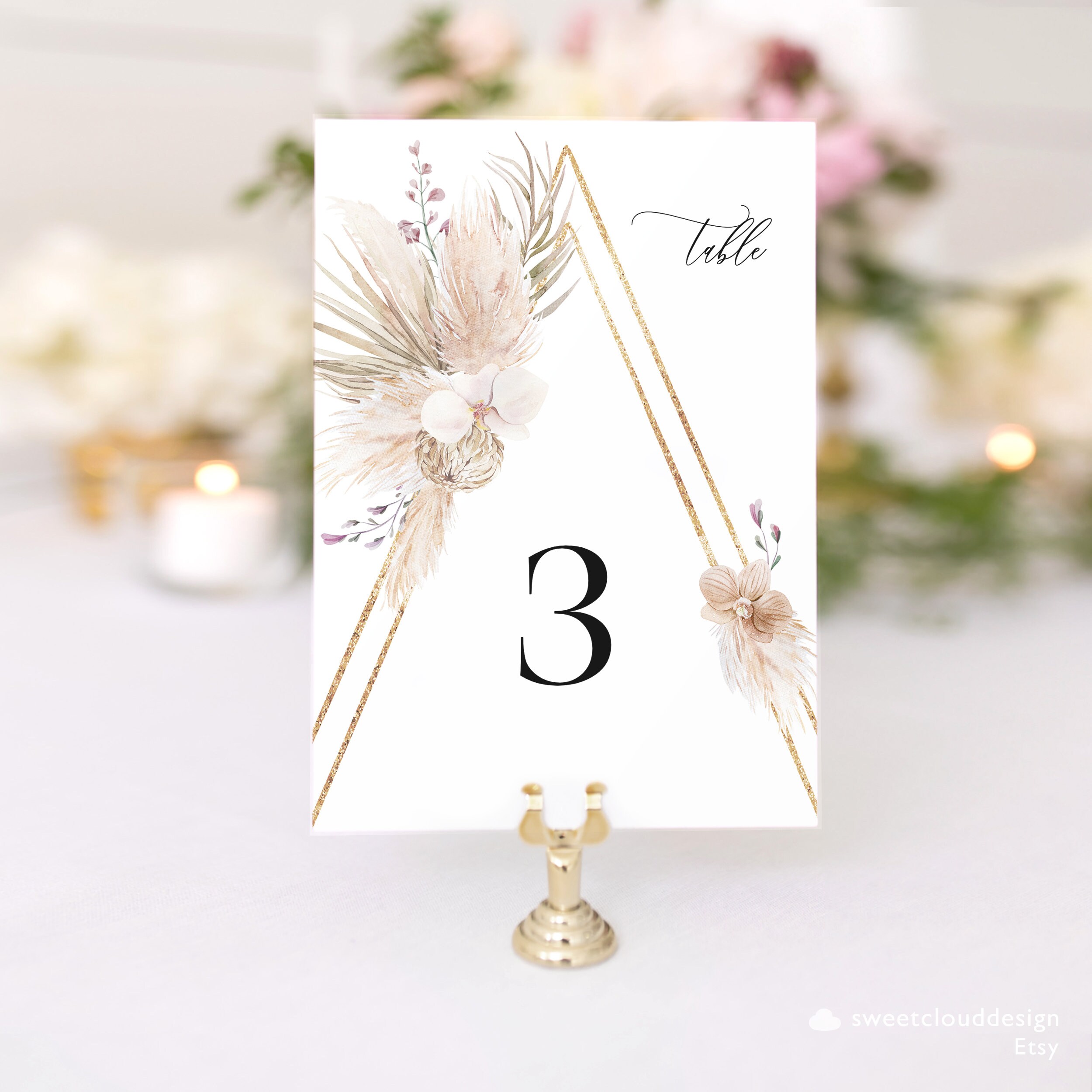 Boho Table Number Boho Orchid Wedding Table Number Pampas Grass Table ...