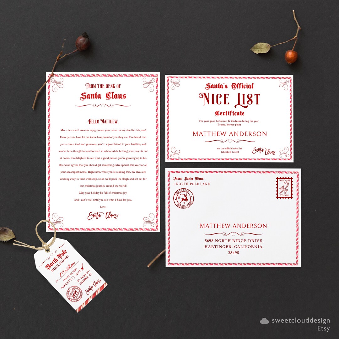 Christmas Santa Letter Nice List Certificate Letter From Santa Claus ...
