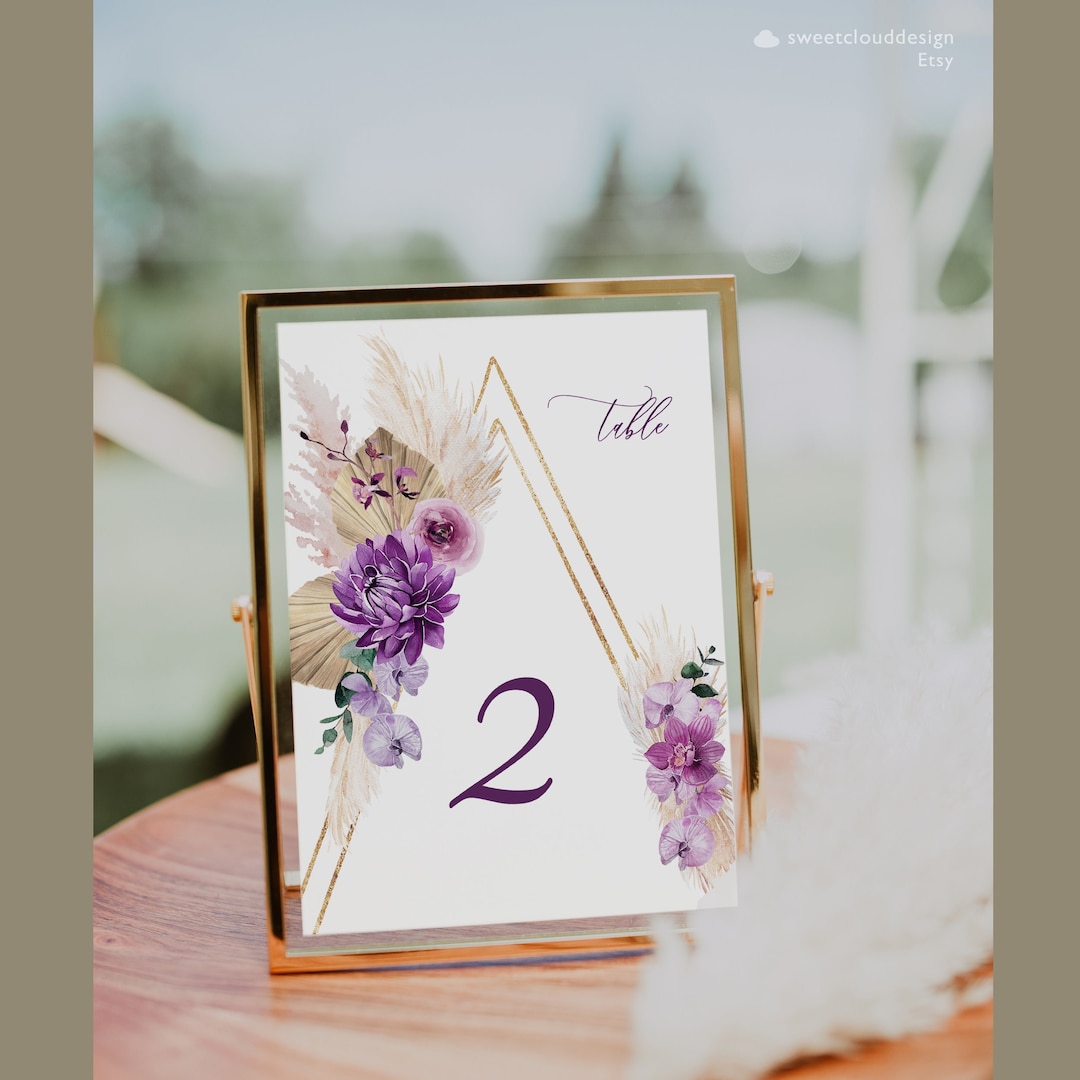 Purple Boho Table Number Violet and Gold Wedding Table Number Purple ...
