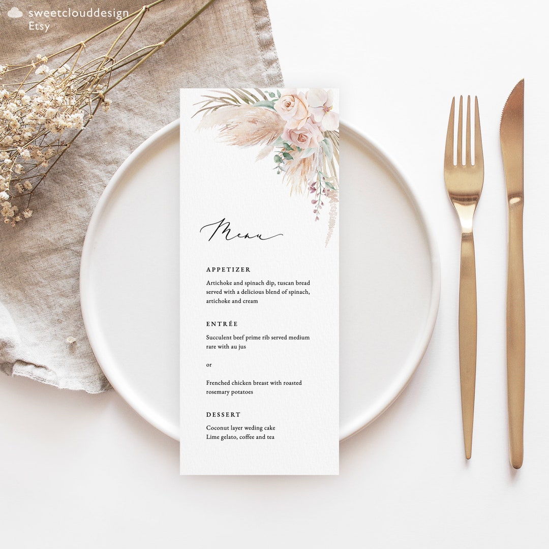 BOHO Wedding Menu Template Orchid Wedding Menu Printable Pampas Grass ...