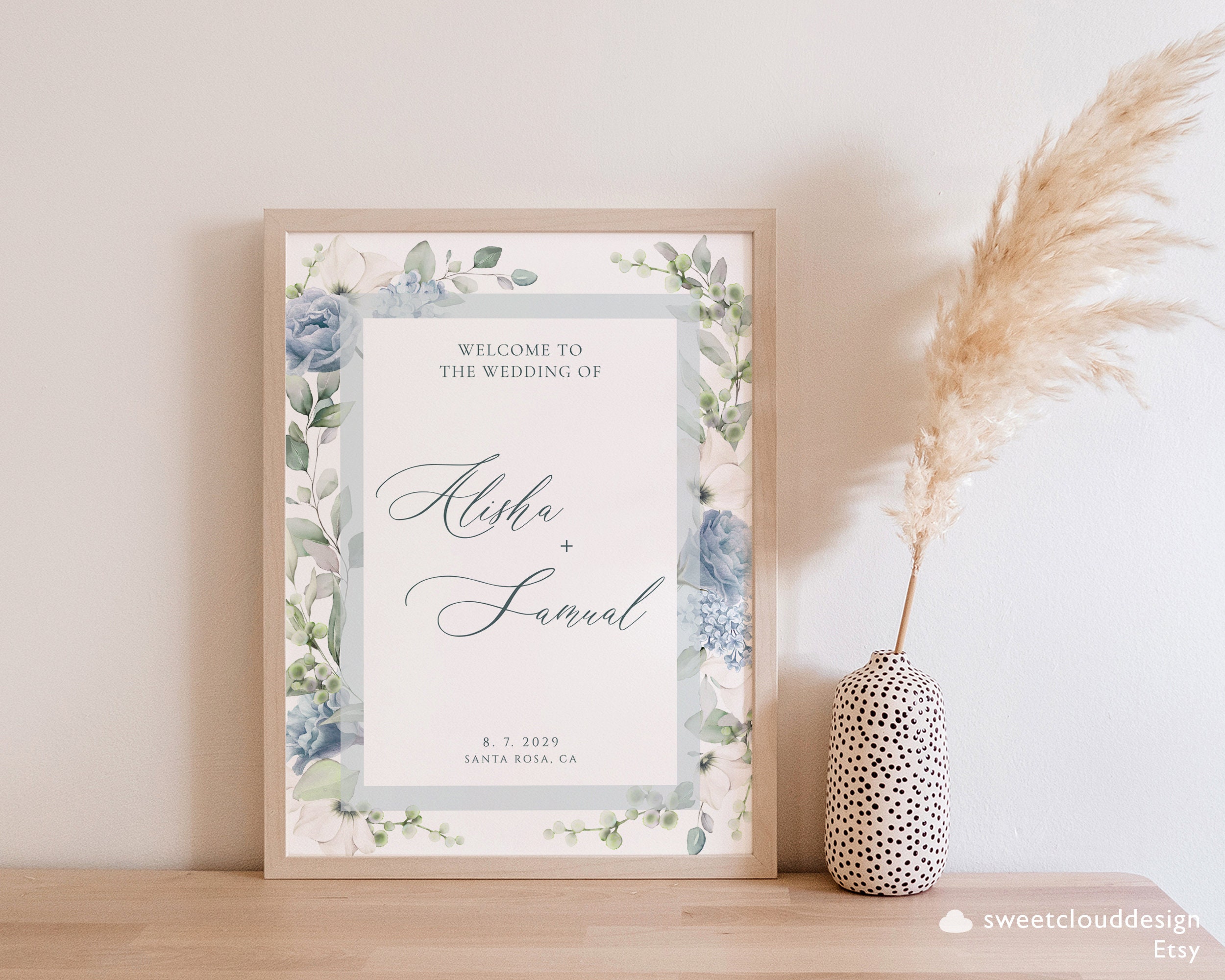 Steel Blue Floral Wedding Sign Dusty Blue Flower Welcome Wedding Sign ...