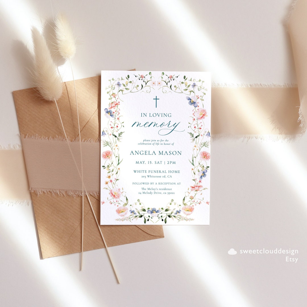 Wild Flower Funeral Invite Cross Wild Flower Celebration of Life ...