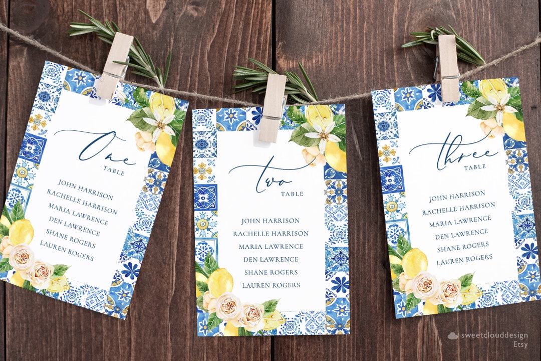 Blue Tile Lemon Frame Seating Card Template Italy Blue Tile Lemon Seat ...