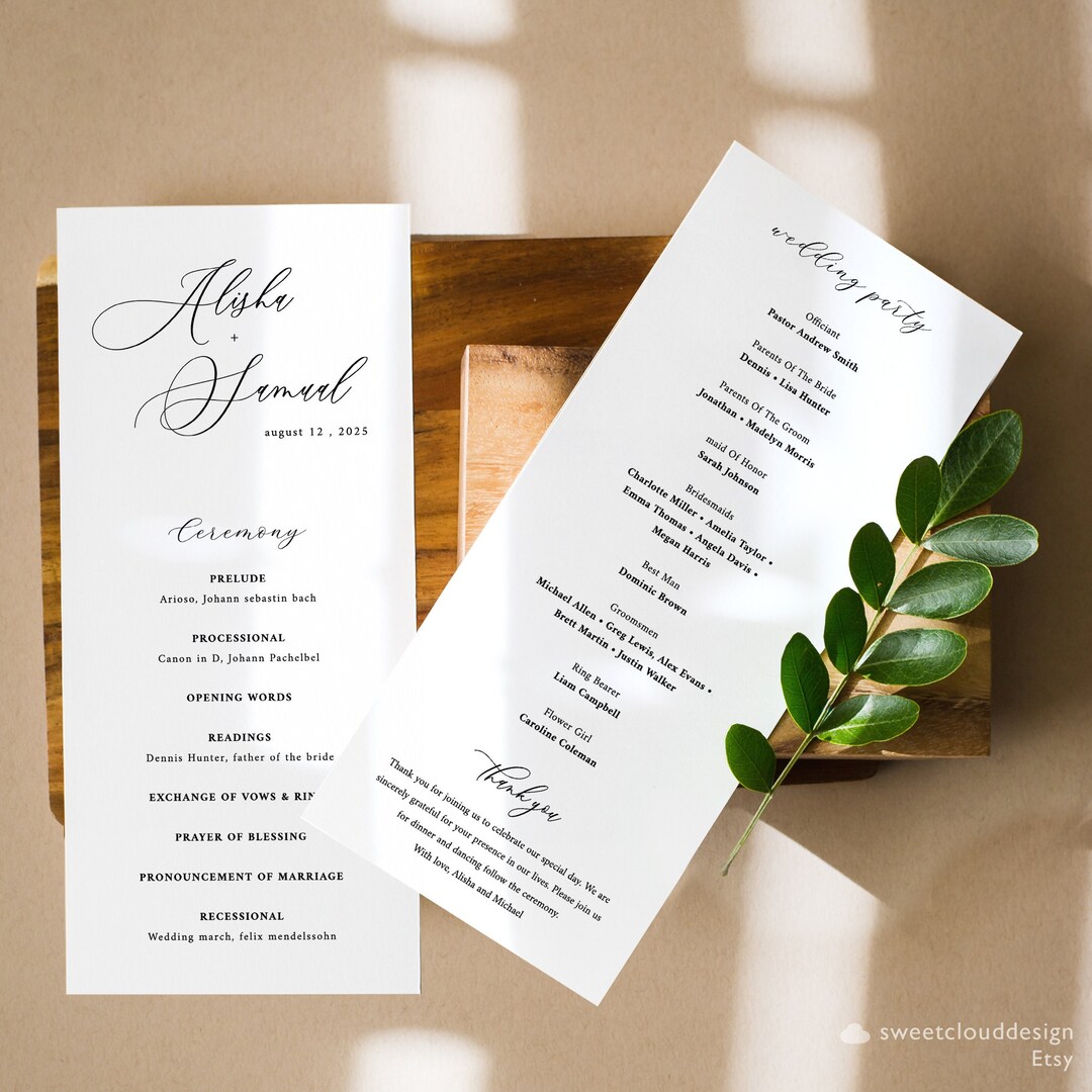 Elegant Wedding Program Template Modern Wedding Ceremony Card Editable ...