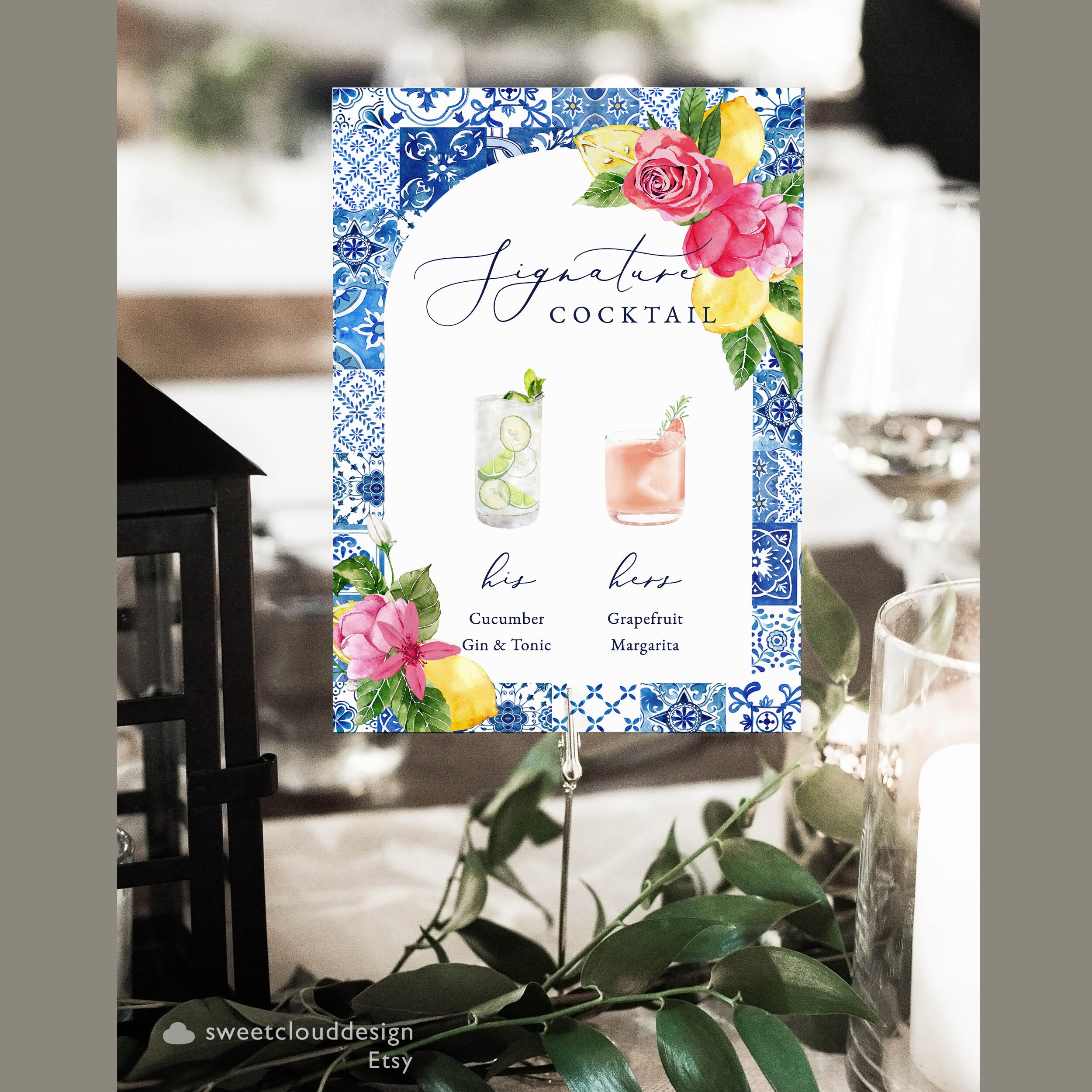 Blue Tile and Lemon Signature Drink Sign Template Pink Flower - Etsy