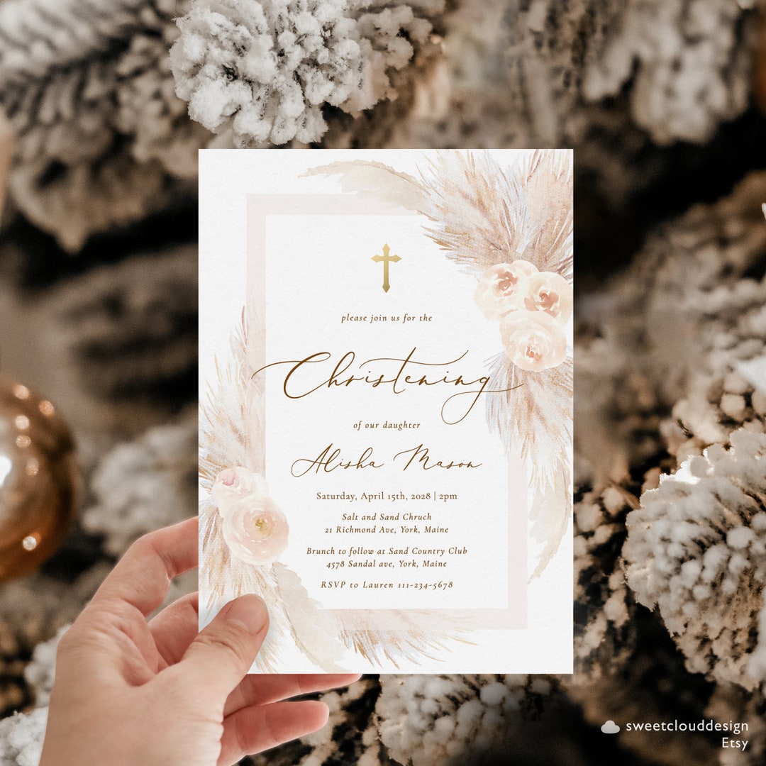 Boho Rose Christening Invitation Girl Peach Floral Printable ...