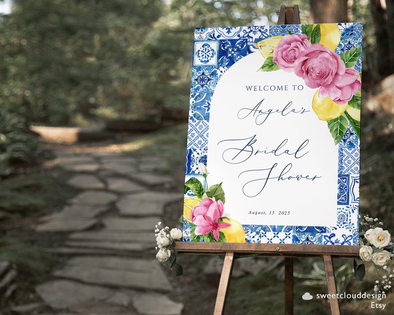 Blue Tile and Soft Pink Flower Bridal Shower Welcome Sign - Etsy