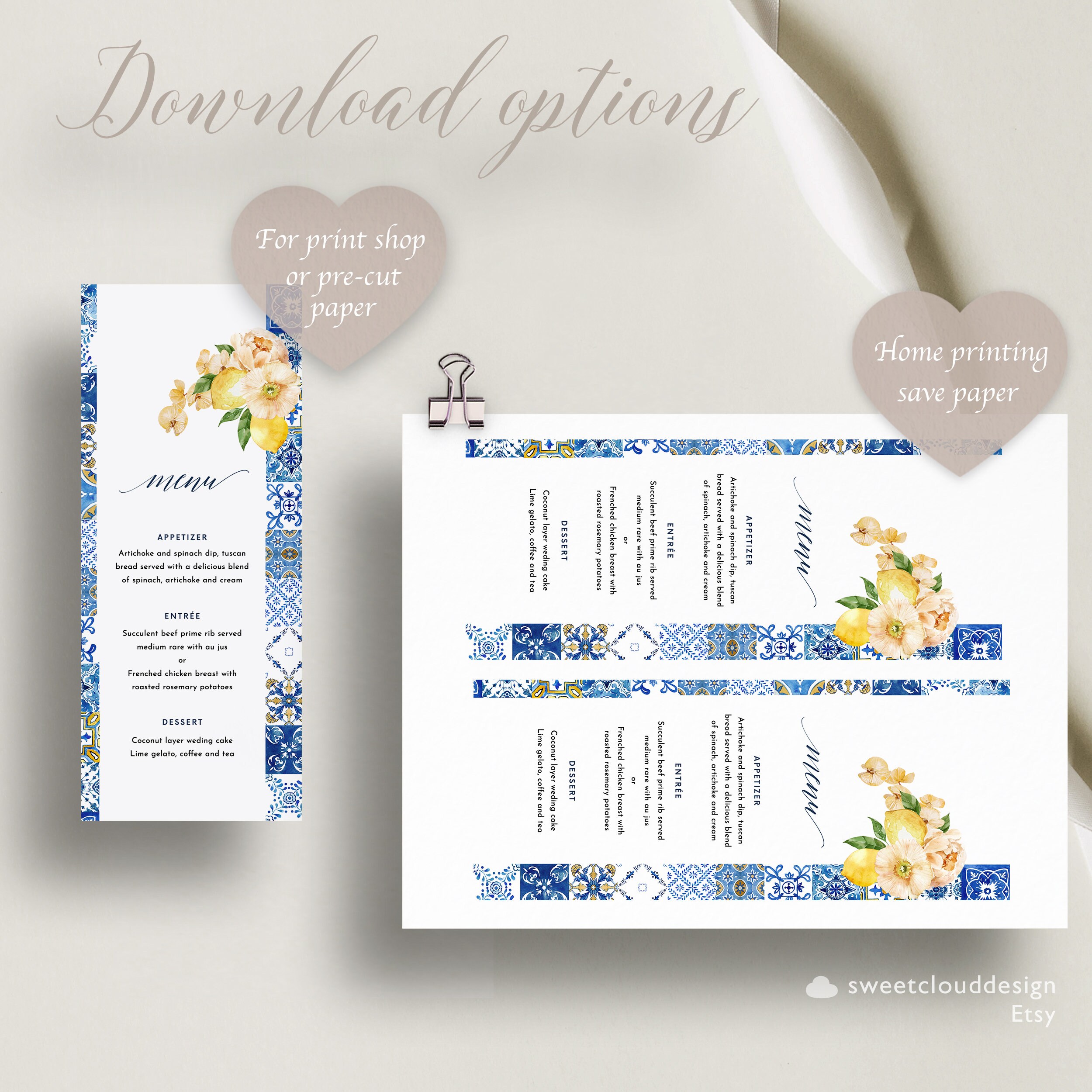 Lemon Wedding Menu Template Italy Blue Tile Menu Printable | Etsy