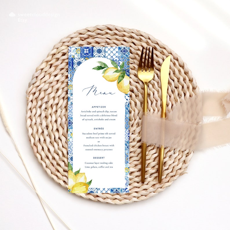 Lemon Blue Tile Wedding Menu Template Blue Tile Arch Frame - Etsy