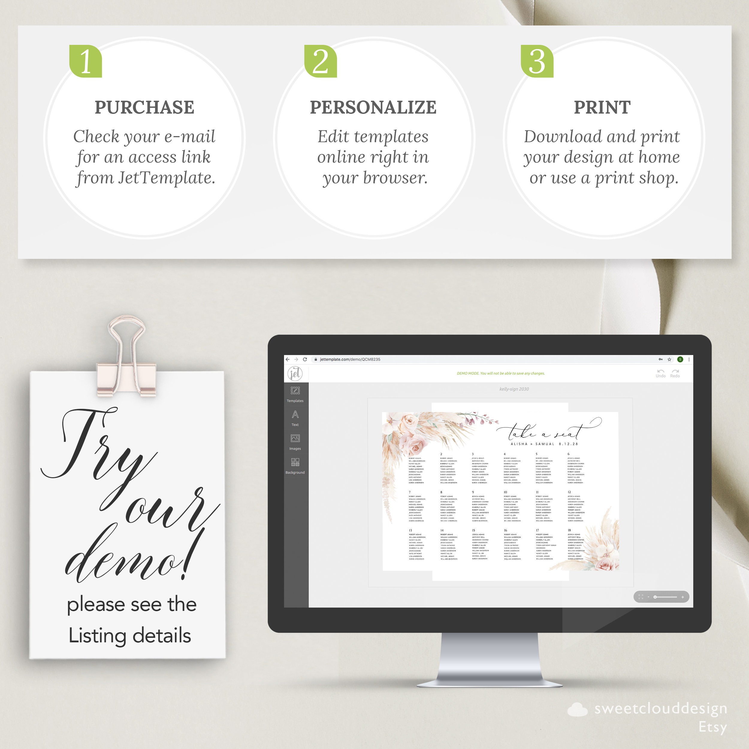 Blush Floral Pampas Grass Seating Chart Template, Boho Seat Chart ...