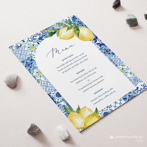 Lemon Blue Tile Wedding Menu Template Blue Tile Arch Frame Floral Menu ...