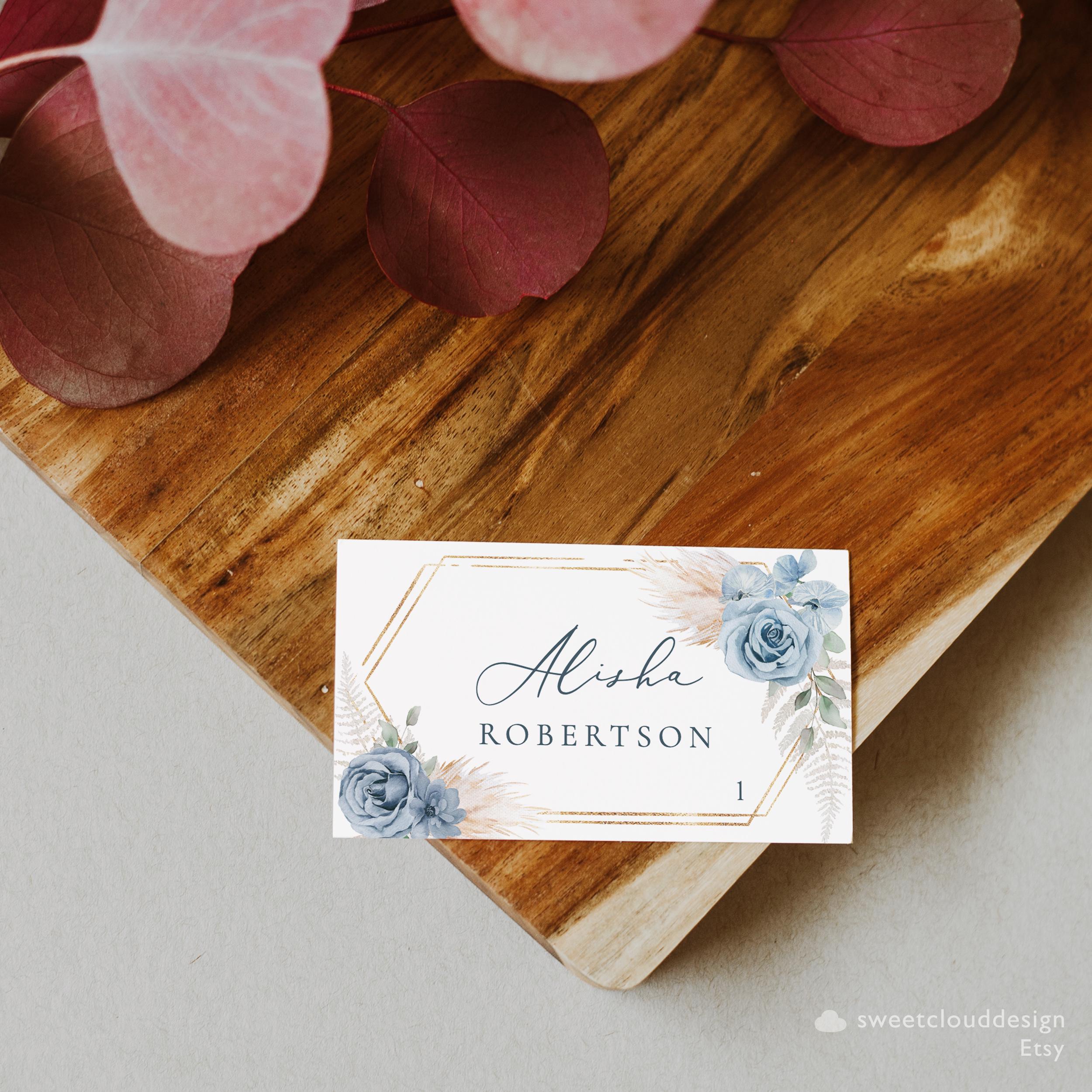 Blue Boho Place Card Gold Frame Name Card Pampas Grass Table Name Card ...