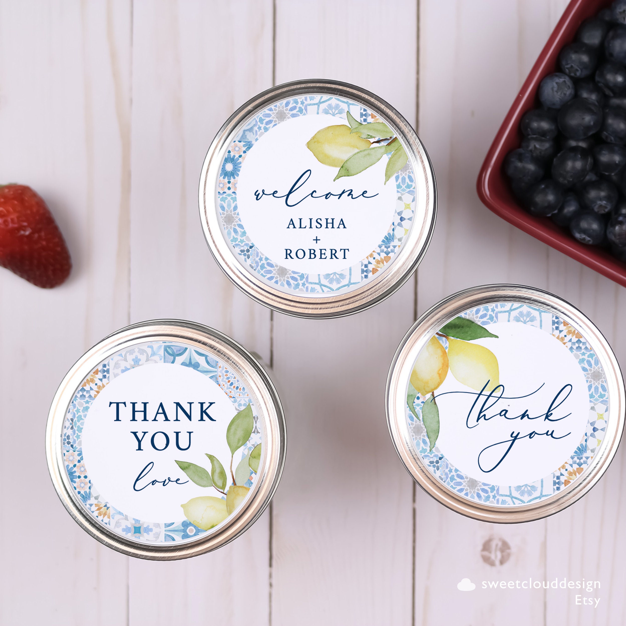 Light Blue Tile Circle Thank You Tag Template Lemon Favor Gift Tag ...