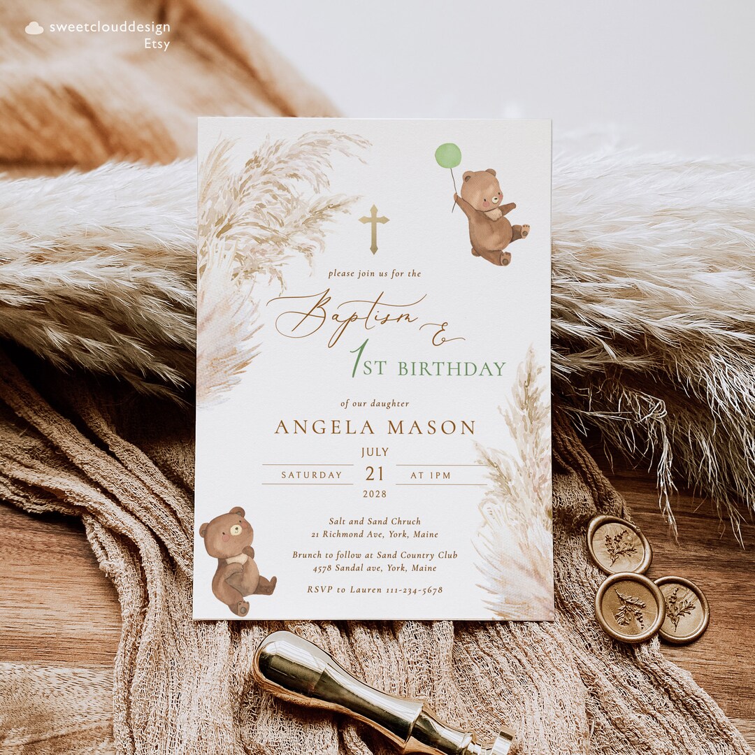 Teddy Bear Baptism 1st Birthday Invitation Template Pampas Grass ...