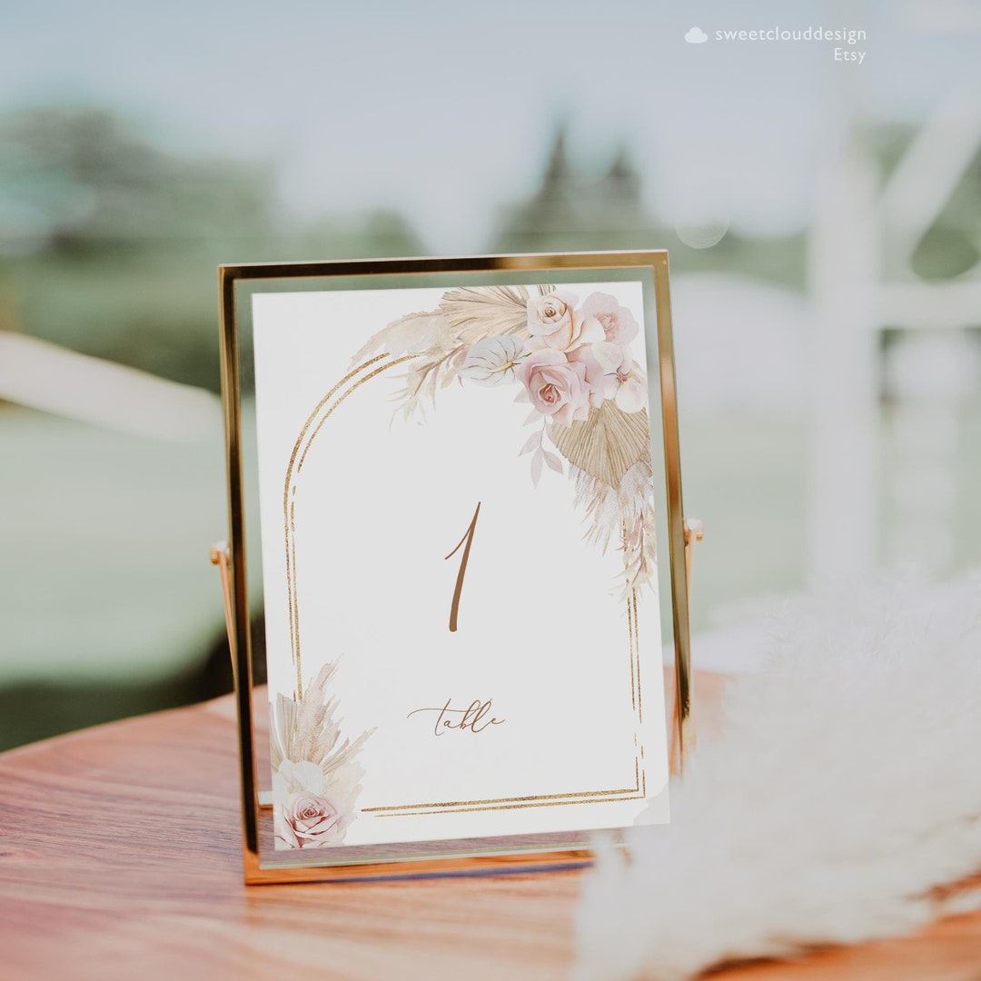 BOHO PINK Table Number Gold Frame Blush Wedding Table Number Blush ...
